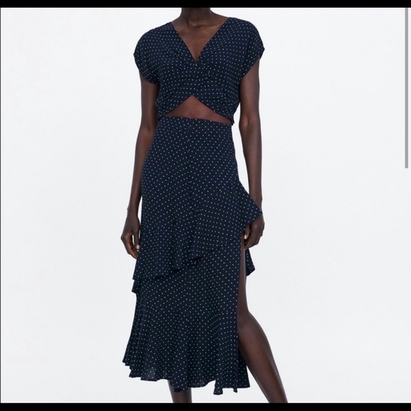 Zara | Skirts | 748454 Zara Navy Blue Polka Dot Ruffled Skirt | Poshmark